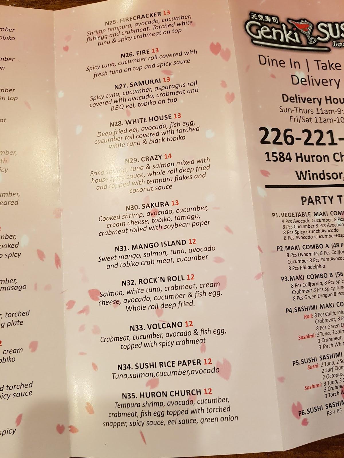 Menu at Genki Sushi restaurant, Windsor