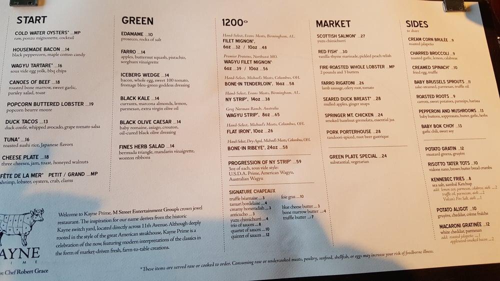 Menu at Kayne Prime Steakhouse, Nashville