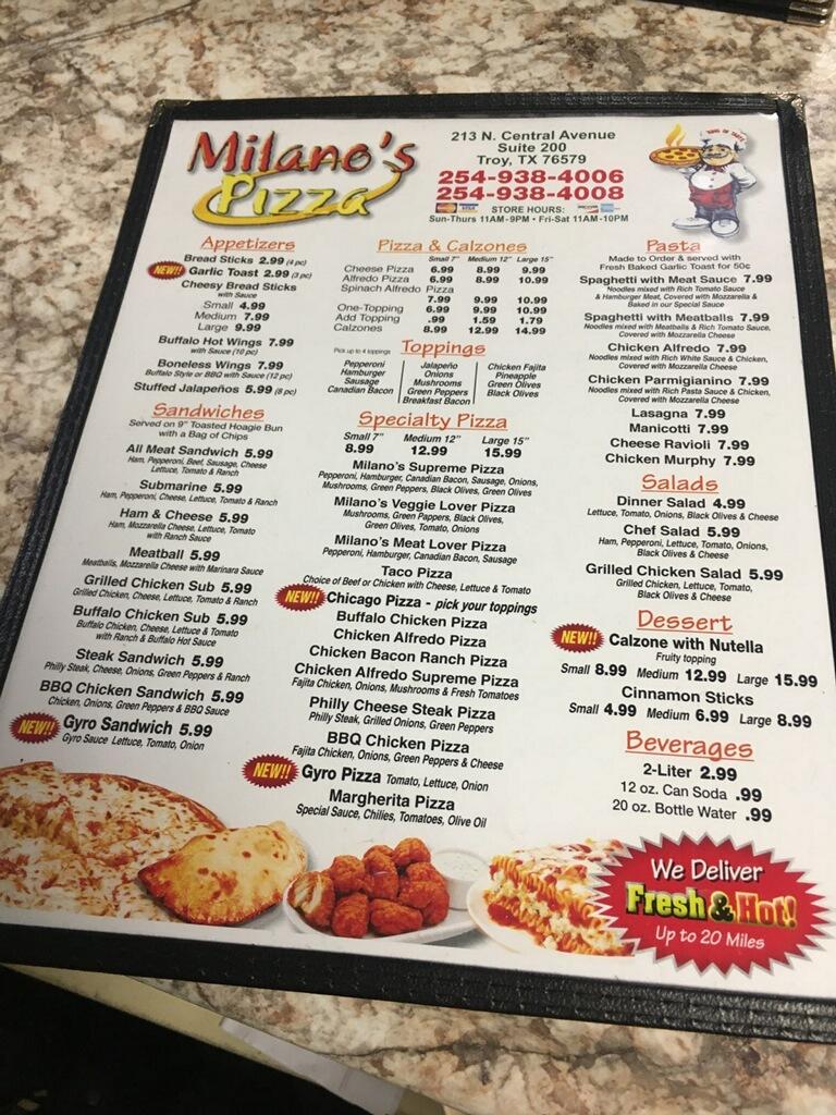 Menu at Milano's Pizza restaurant, Troy
