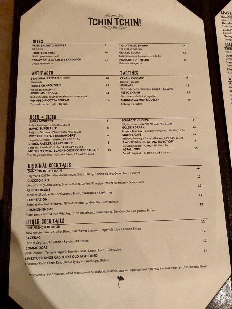 Menu at The Tchin Tchin! Bar, Honolulu