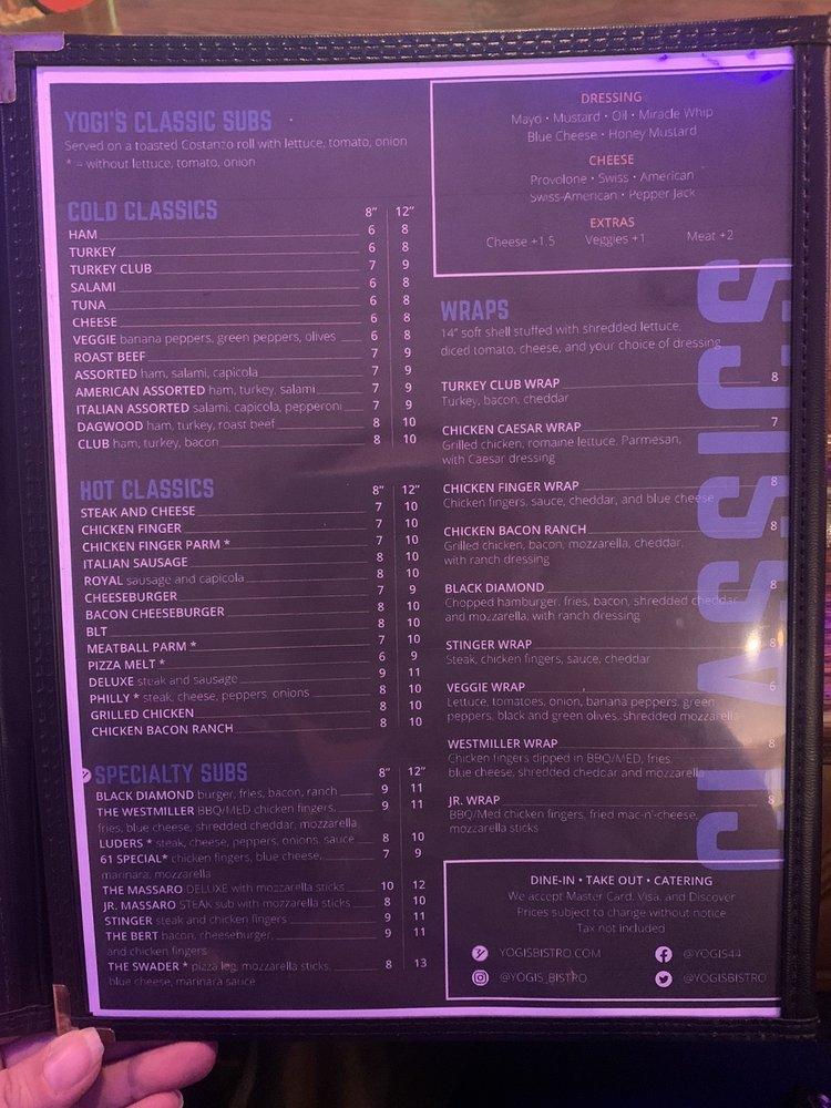 Menu at Yogi's Brick Oven Bistro pizzeria, Akron