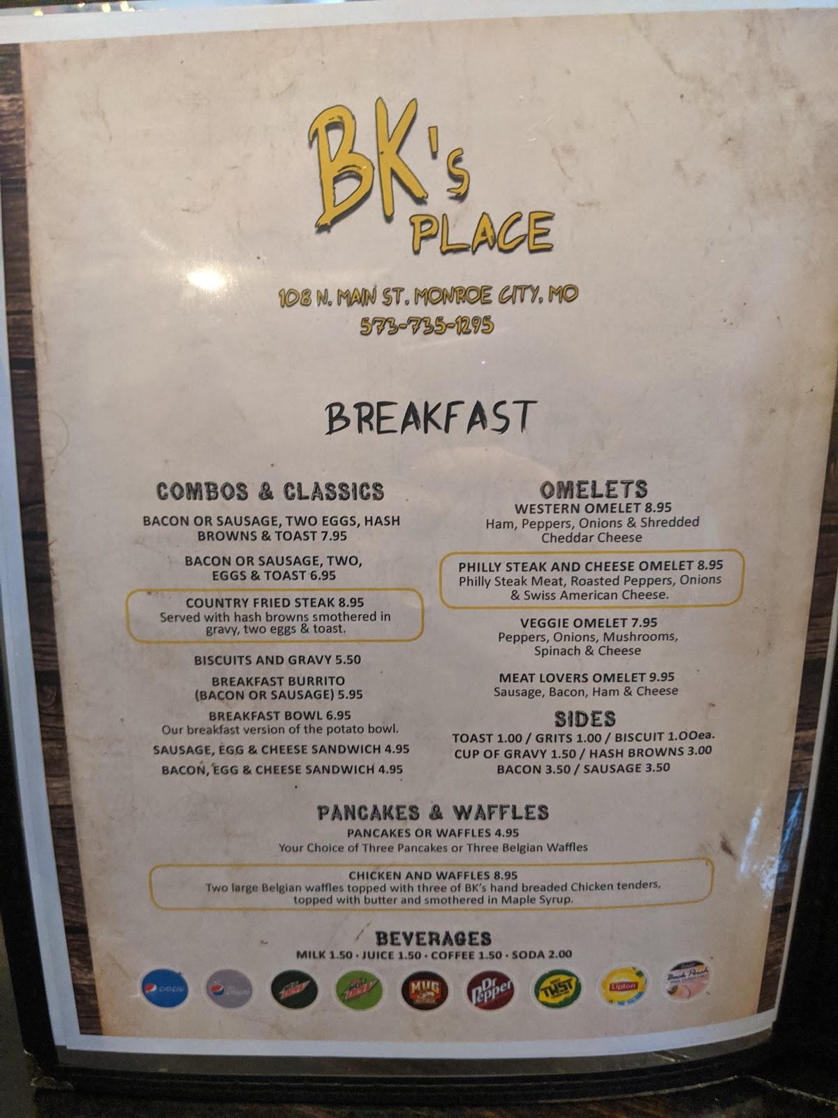 Menu at Bk's place restaurant, Monroe City