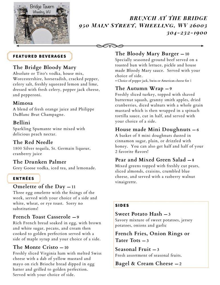 Menu at Bridge Tavern & Grill pub & bar, Wheeling