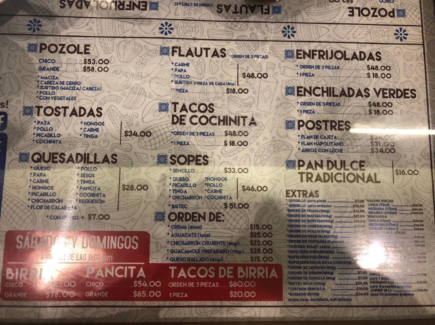 Carta del restaurante Central del Antojos, Ciudad del México