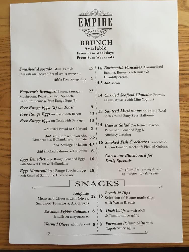 Menu at Empire Cinema IB cafe, Wellington