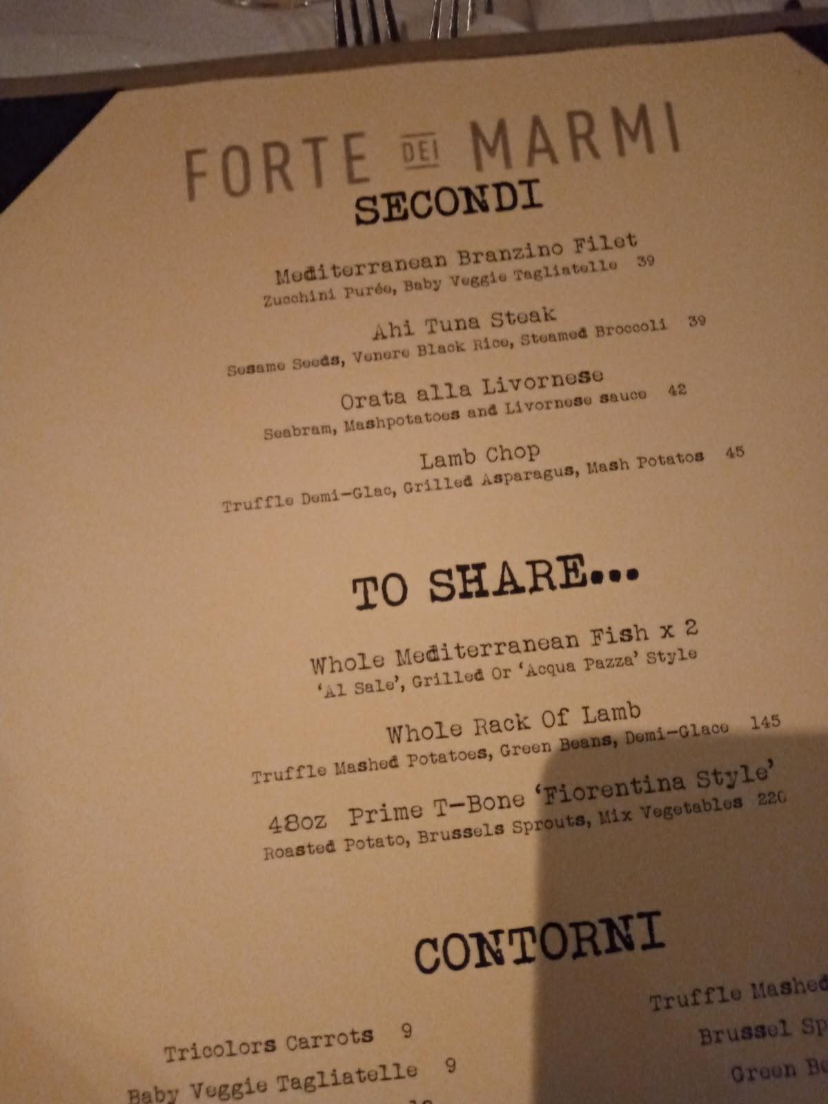 Carta del restaurante Forte dei Marmi, Miami Beach