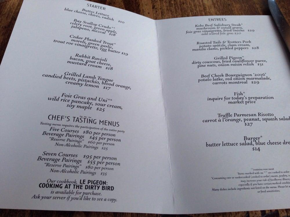 Menu at Le Pigeon restaurant, Portland