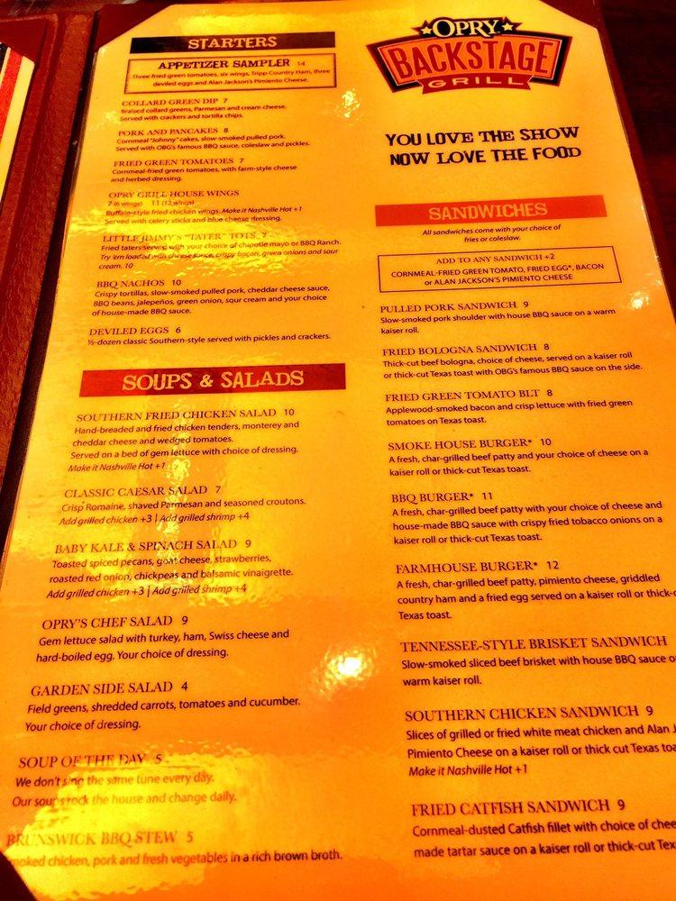 Menu at Opry Backstage Grill at The Inn at Opryland restaurant, Nashville