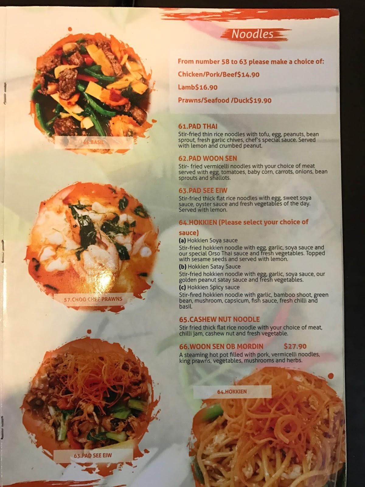 Menu at Orso Thai restaurant, Stanthorpe