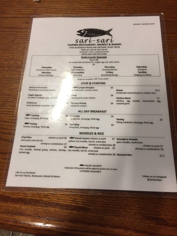 Menu at Sari-Sari Filipino Restaurant, Market, & Bakery, San Antonio