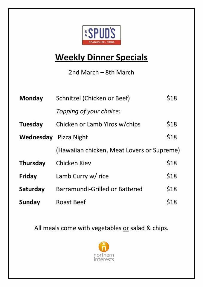 Menu at Spud's Roadhouse Pimba SA restaurant, Pimba
