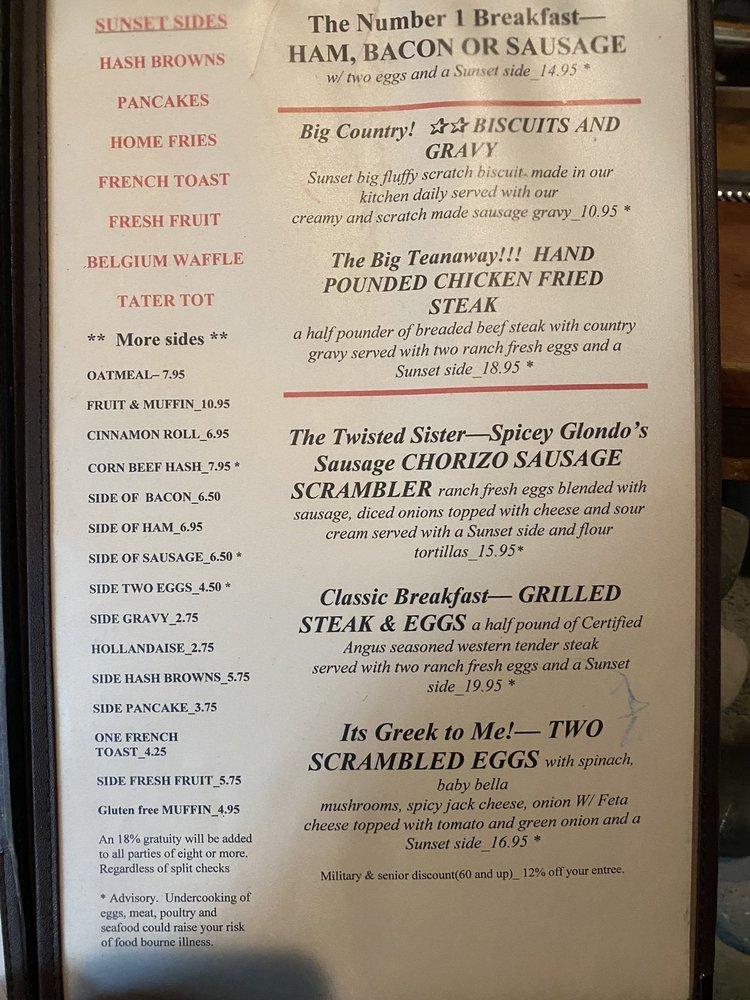 Menu at The Sunset Cafe, Cle Elum