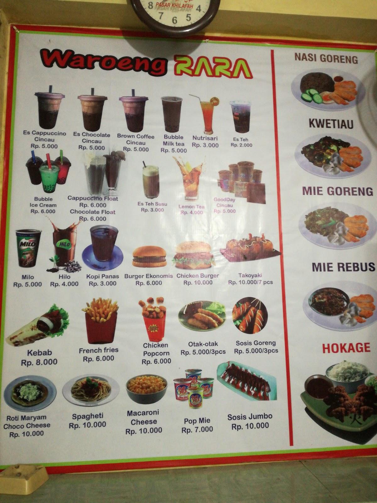 Menu at Waroeng Rara restaurant, West Jakarta