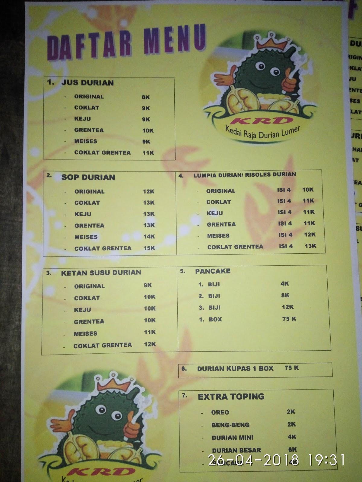Menu at kedai durian cafe, Sulursari