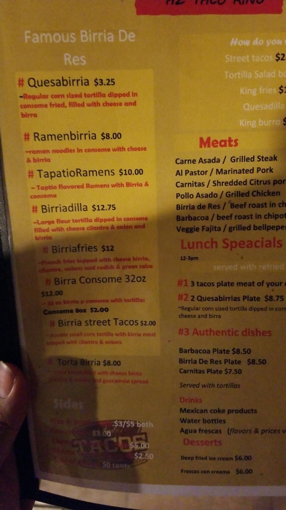 Menu at AZ Taco King restaurant, Phoenix