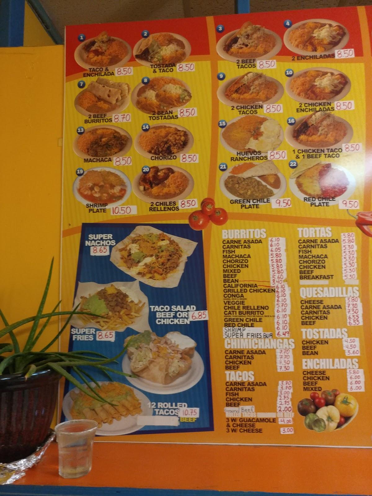 Menu at Adolfo's Taco Shop restaurant, Benson