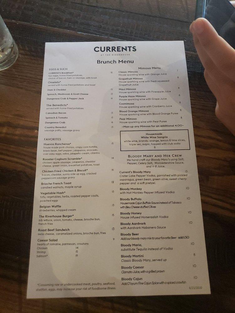 Menu at Currents at the Riverhouse restaurant, Bend