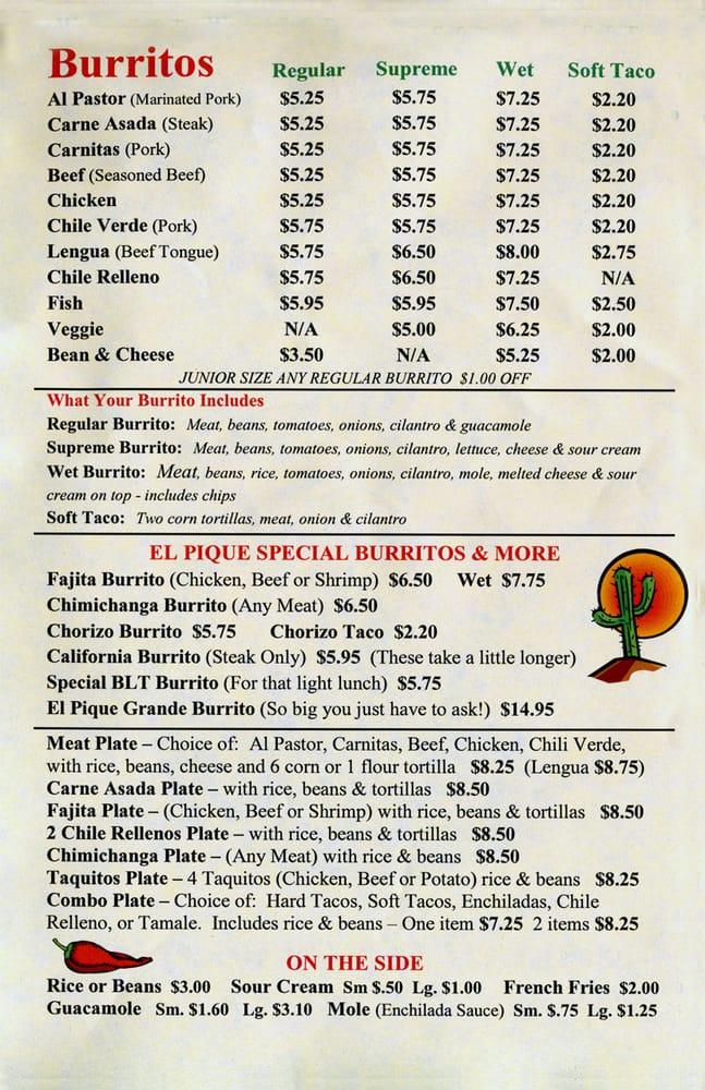 Menu at El Pique Mexican Food restaurant, Springfield, Main St
