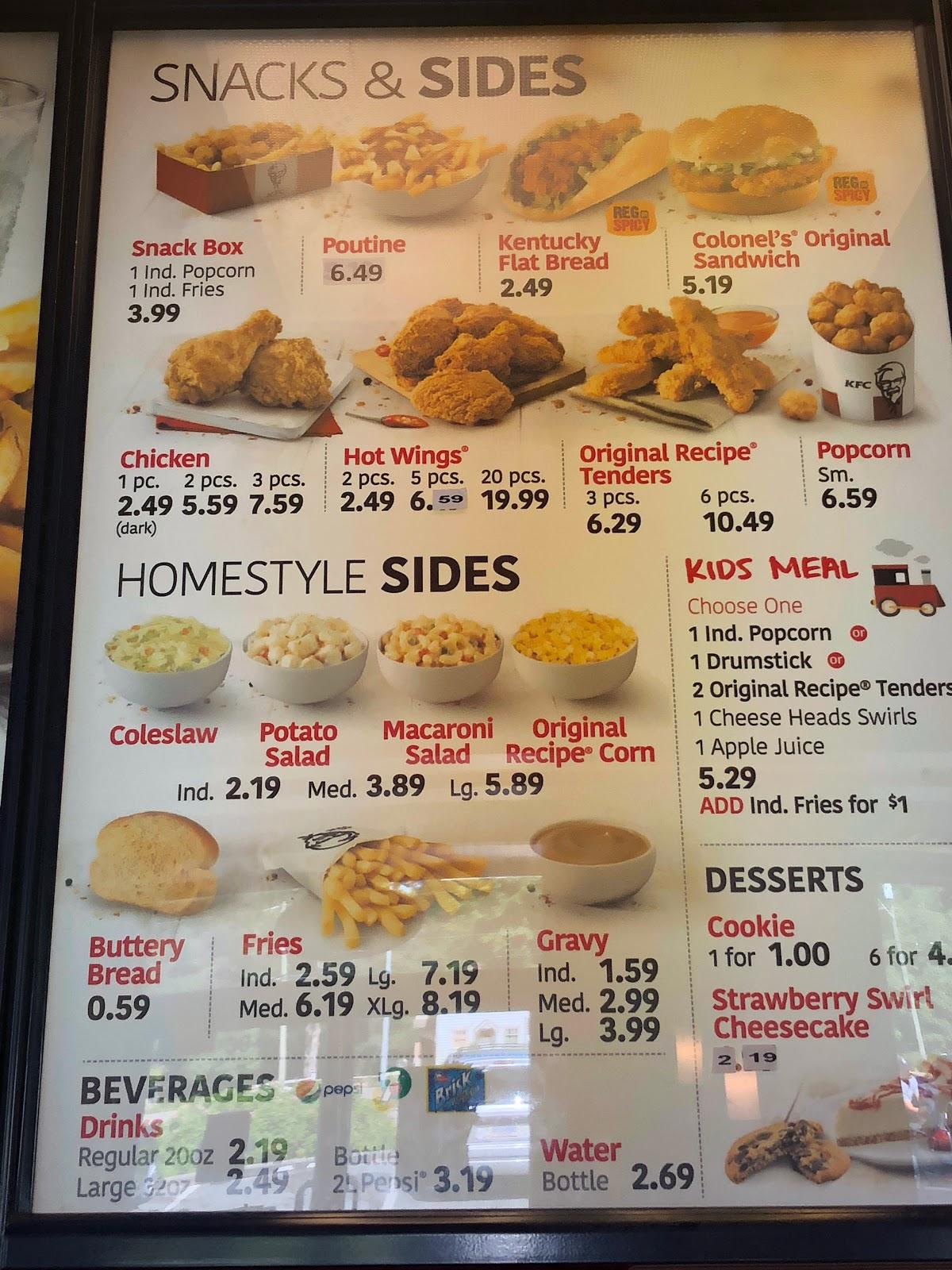 Menu at KFC fast food, Ladysmith