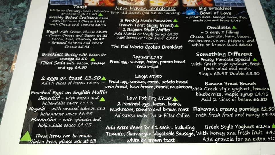 Menu at New Haven cafe, Lurgan