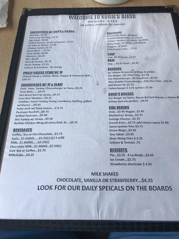 Menu at Norm's Diner restaurant, Groton
