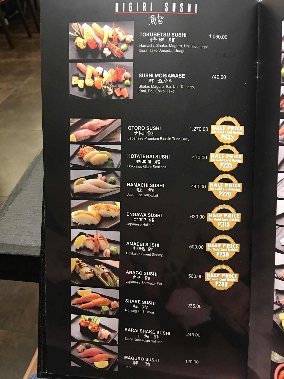 Menu at Ogetsu Hime restaurant, Mandaluyong