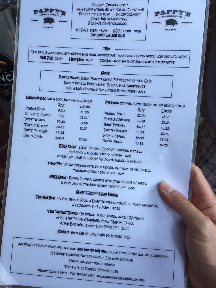 Menu at Pappy's Smokehouse BBQ, St. Louis