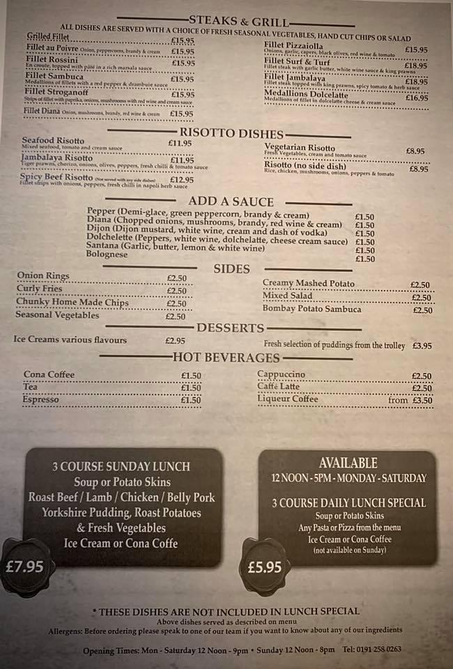 Menu at Sambuca Percy Main restaurant, North Shields