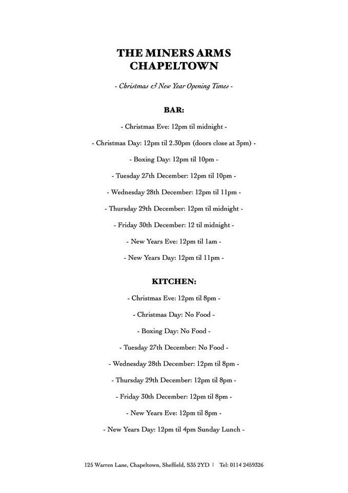 Menu at The Miners Arms Chapeltown restaurant, Sheffield, 125 Warren Ln