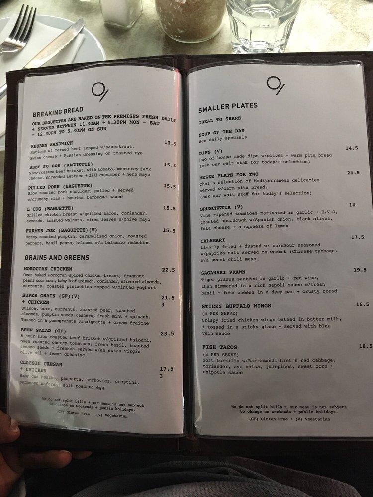 Menu at The Quarter restaurant, Melbourne