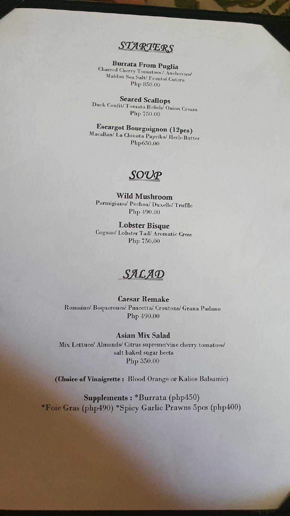 Menu at Caviar Restaurant and Champagne Bar, Muntinlupa