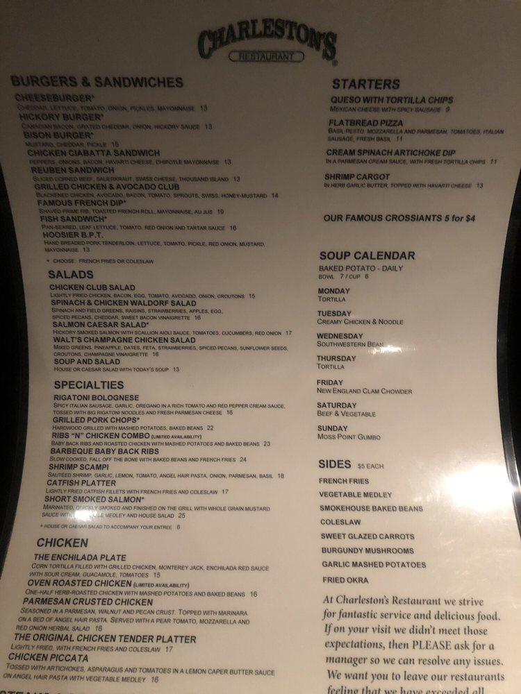 Menu at Charleston's Restaurant, Carmel, Greyhound Plaza
