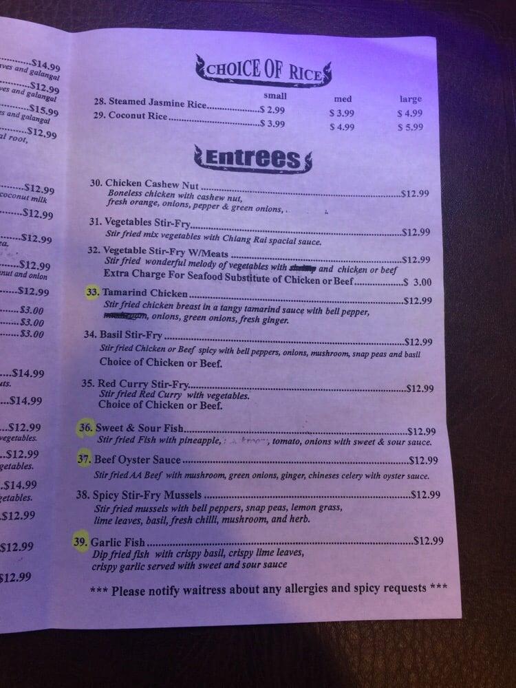 Menu at Chiang Rai Thai Cuisine restaurant, Cochrane