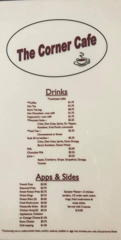 Menu at Corner Cafe, Middlefield