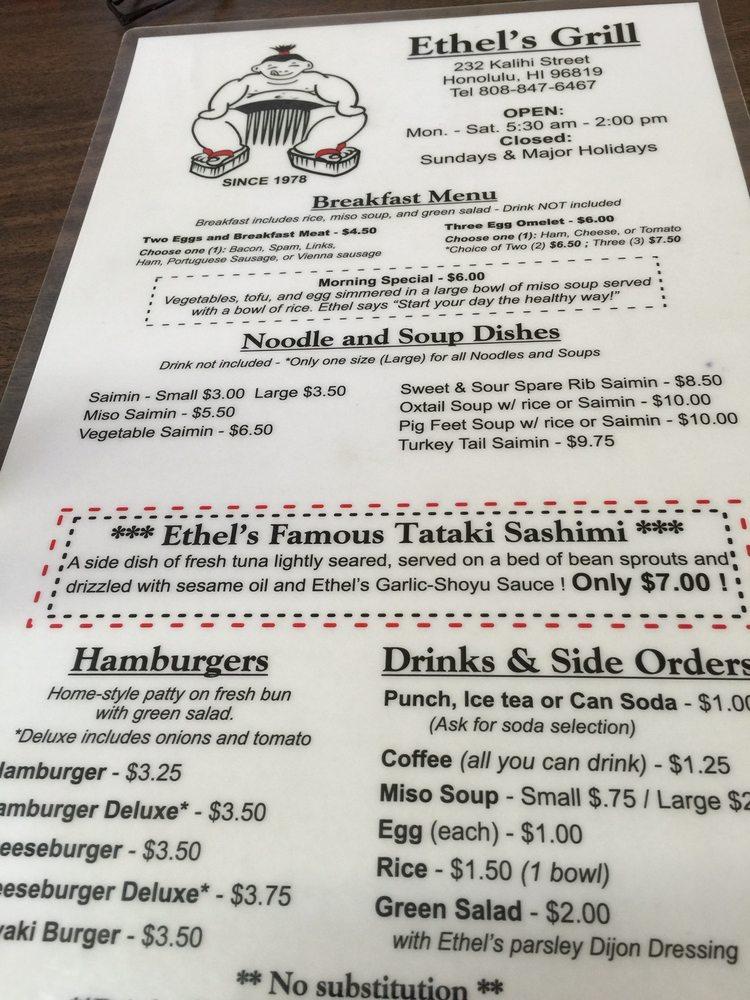 Menu at Ethel's Grill restaurant, Honolulu
