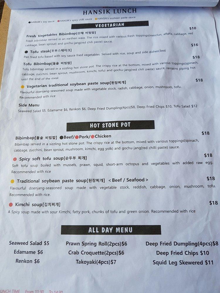 Menu at Hansik pub & bar, Auckland, 19 Drake Street