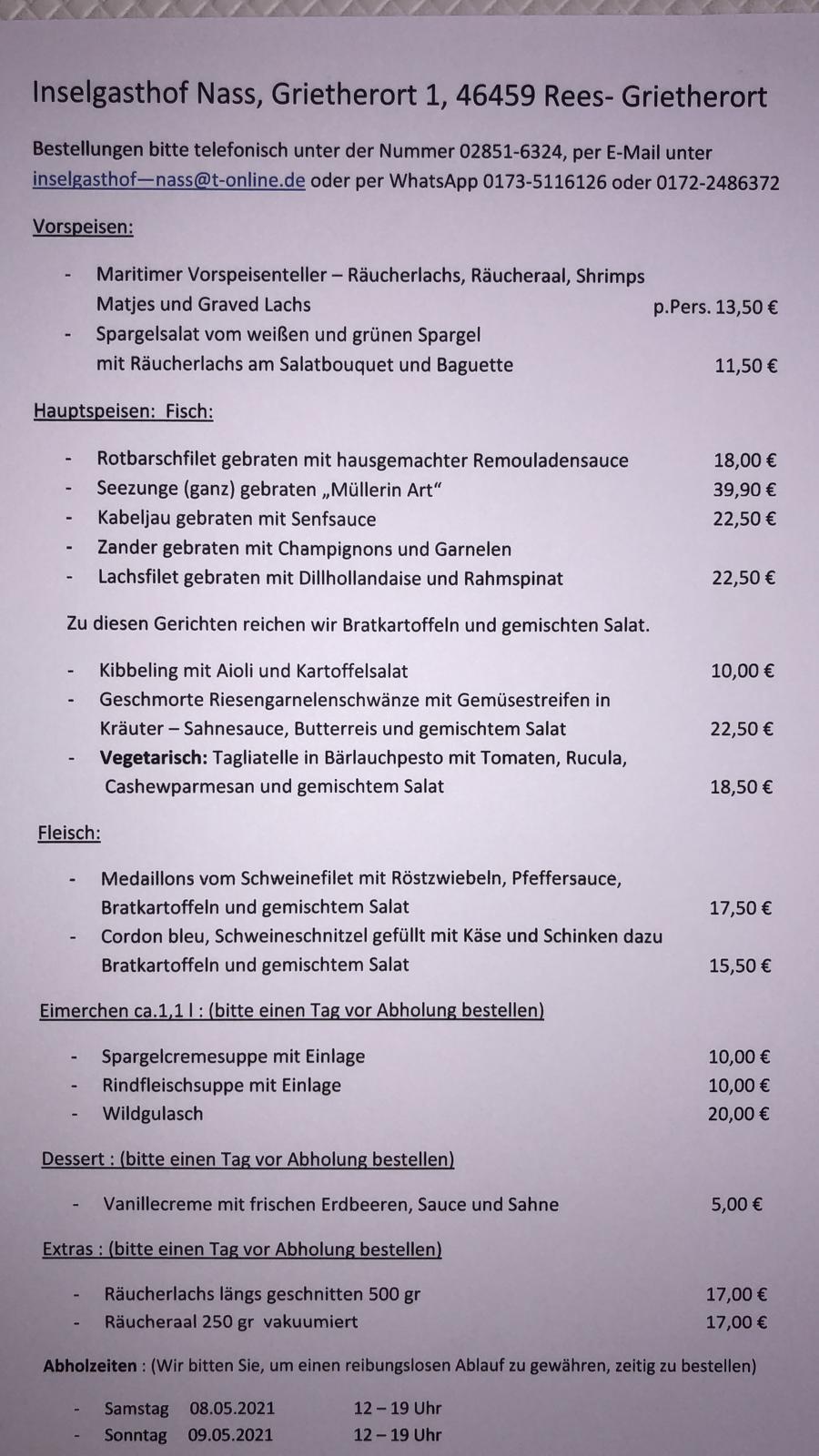 Speisekarte von Inselgasthof Nass restaurant, Rees