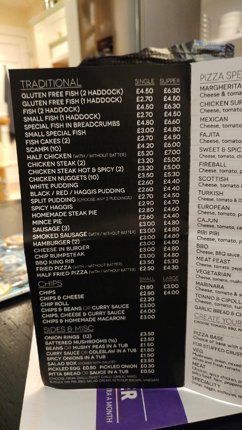 Menu at Kinghorn Chip Shop fast food, Burntisland