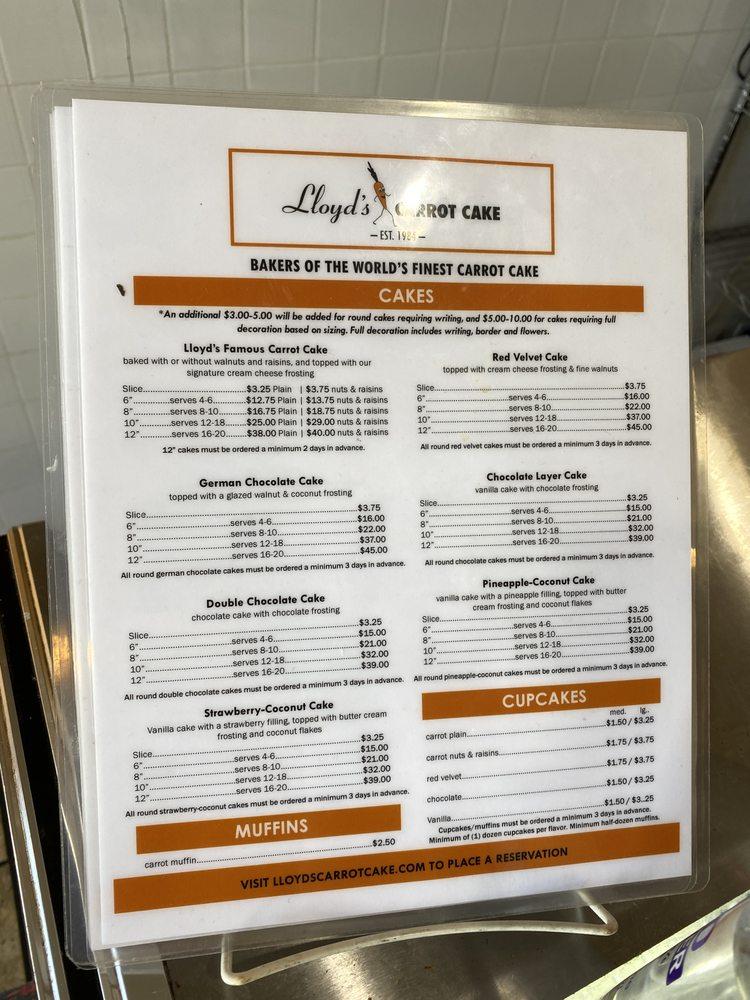 Menu at Lloyd's Carrot Cake desserts, Yonkers, Broadway