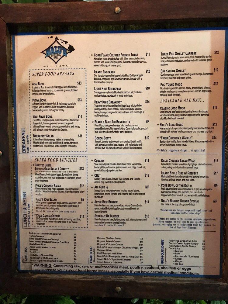 Menu at Nalu's South Shore Grill pub & bar, Kihei
