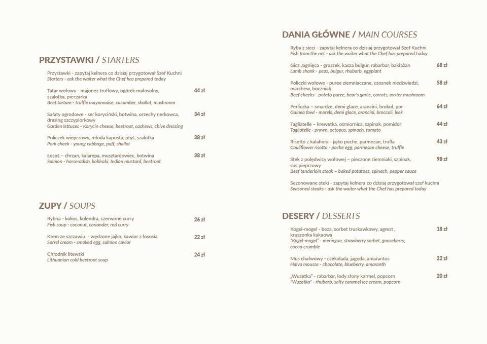 Menu at Restauracja Strefa restaurant, Warsaw, Próżna 9