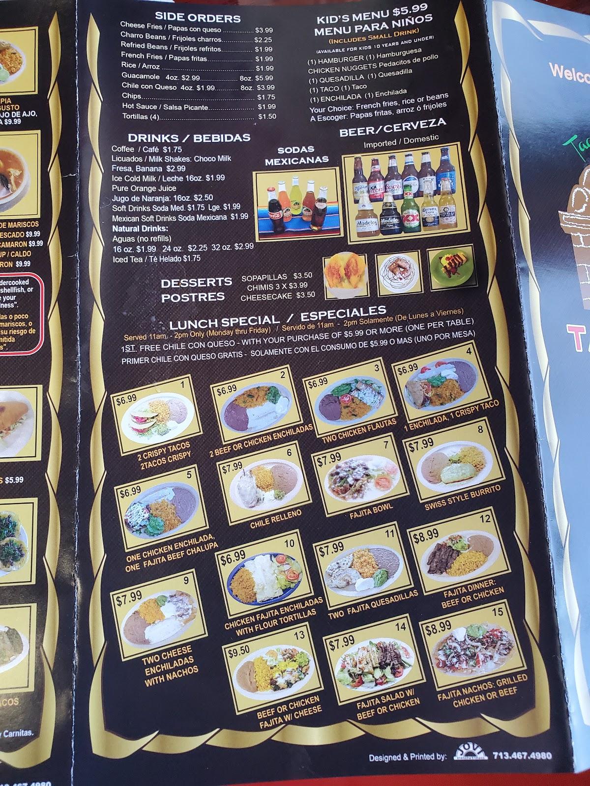 Menu at Tacos Mexico restaurant, Lufkin