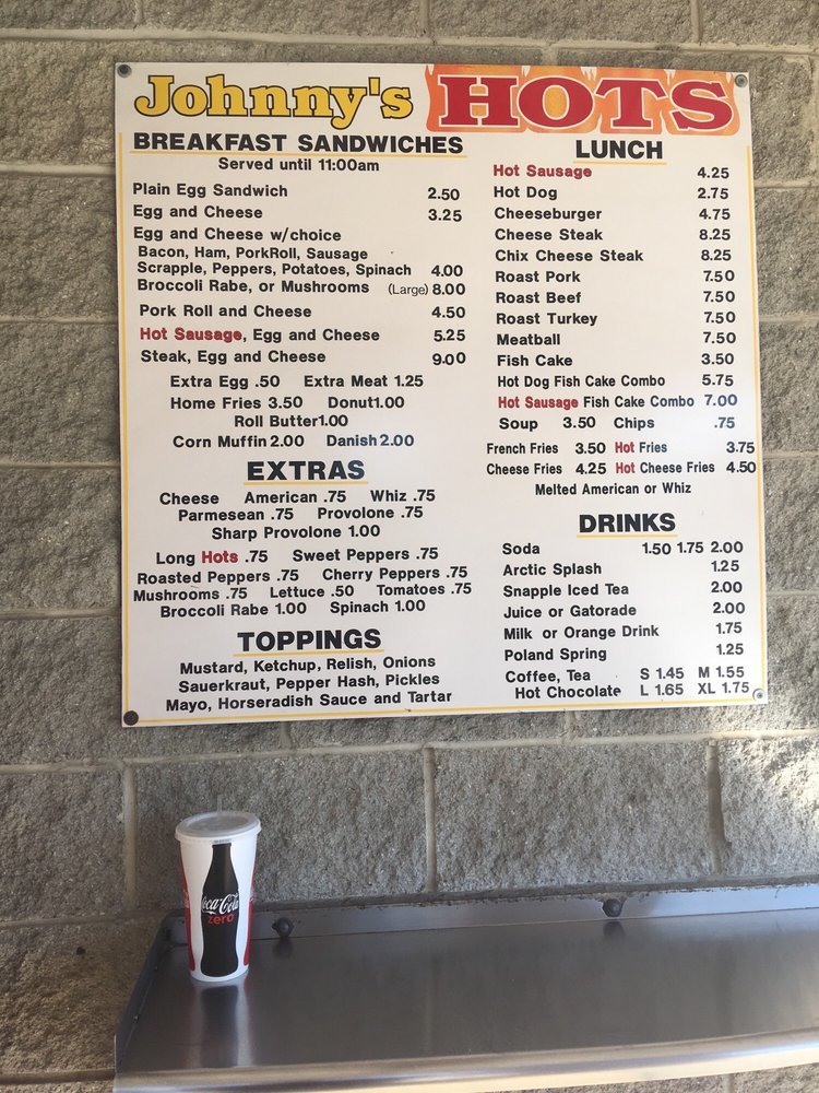 Menu at Johnny's Hots restaurant, Philadelphia