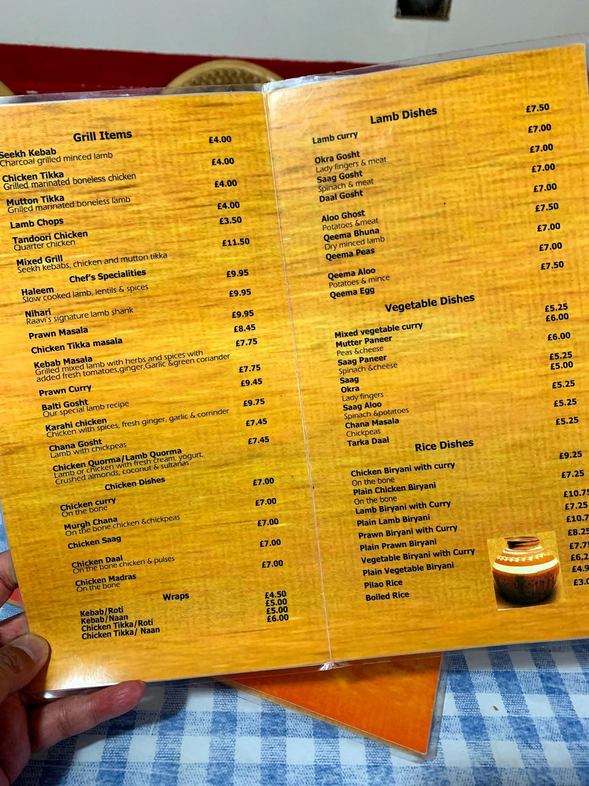 Menu at Raavi Kebab restaurant, London