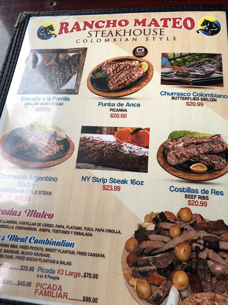 Menu at Rancho Mateo Colombian Steakhouse, Elizabeth, 248 Morris Ave