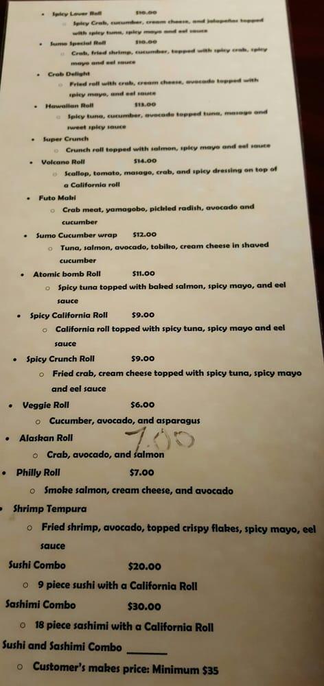Menu at Sumo Japanese Restaurant, Longview