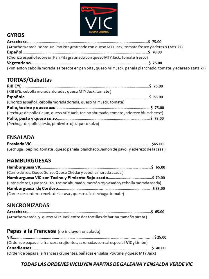 Menu at VIC Cocina Urbana, Monterrey