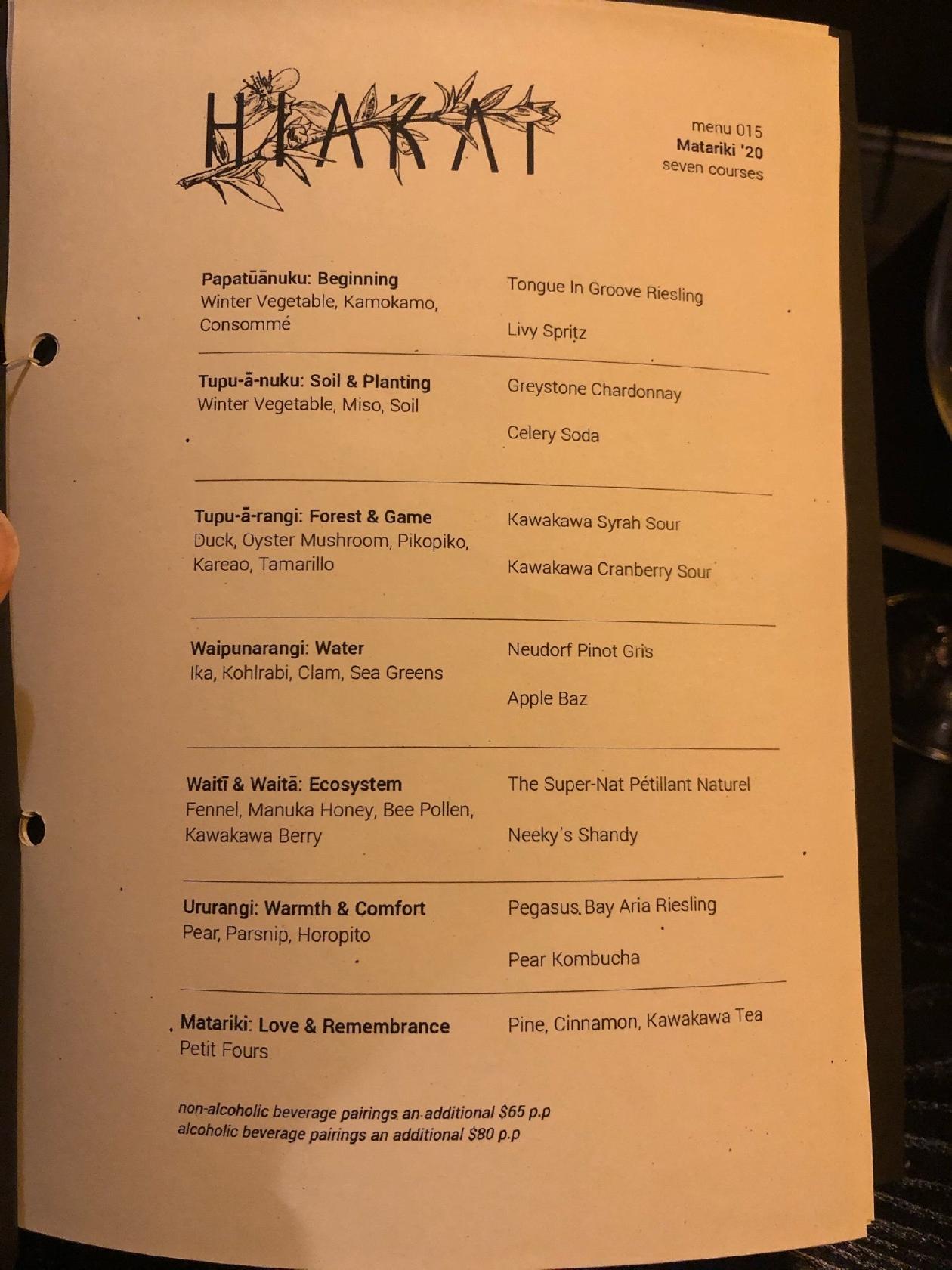 Menu at HIAKAI restaurant, Wellington