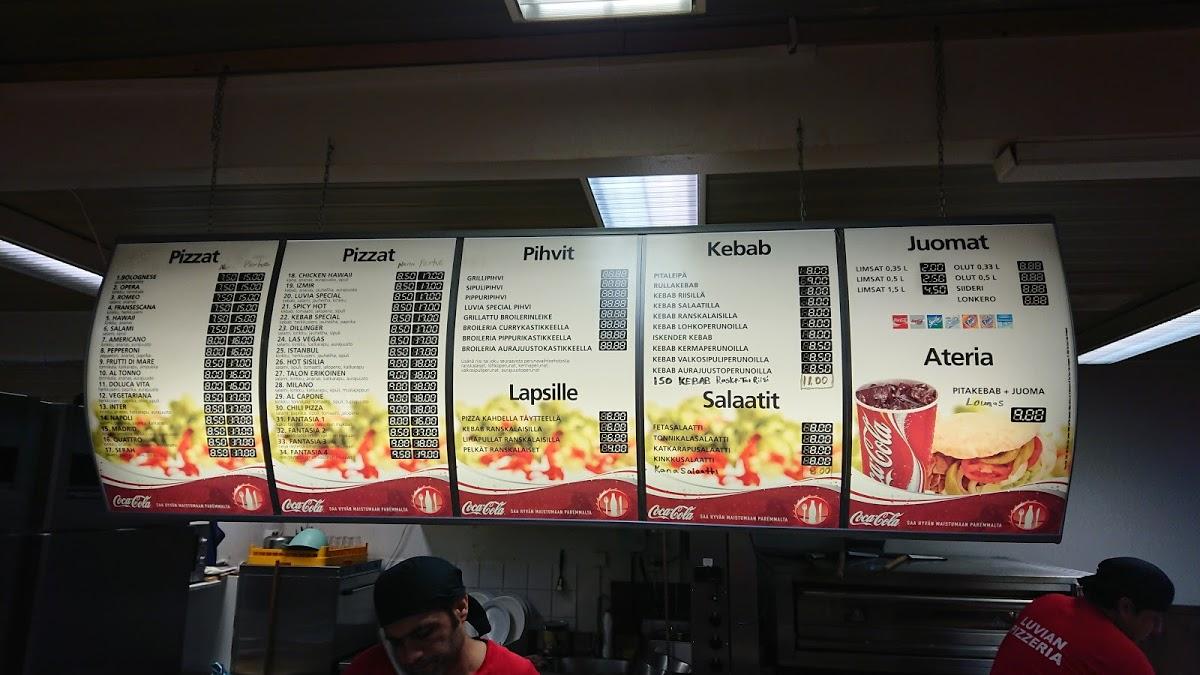 Menu at Luvian pizzeria, Finland, Kirkkotie 21