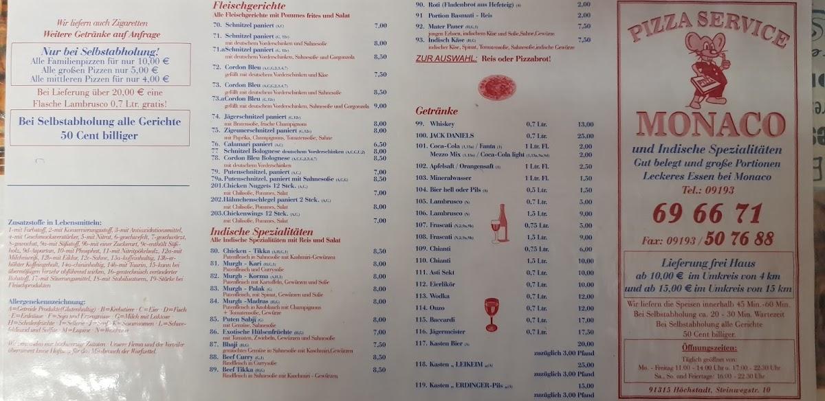 Menu at Monaco Pizzeria Service, Höchstadt